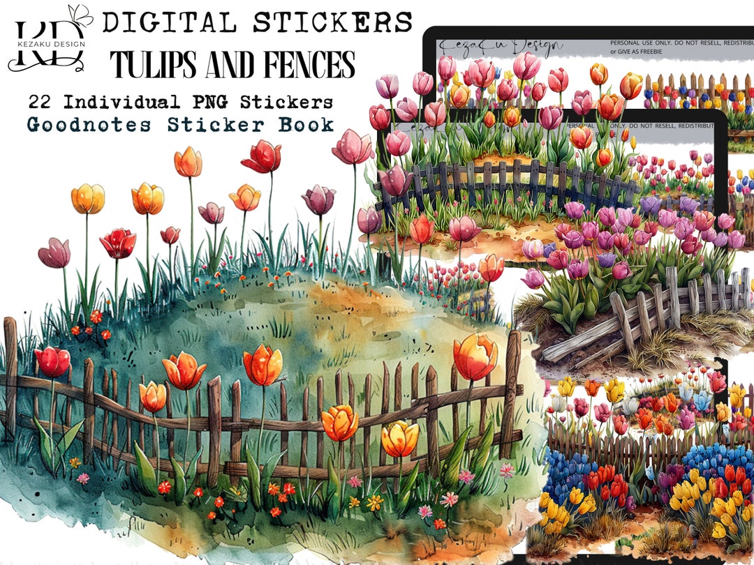 DIGITAL Tulips and Fences Stickers, Tulip Flower Stickers, Beautiful ...