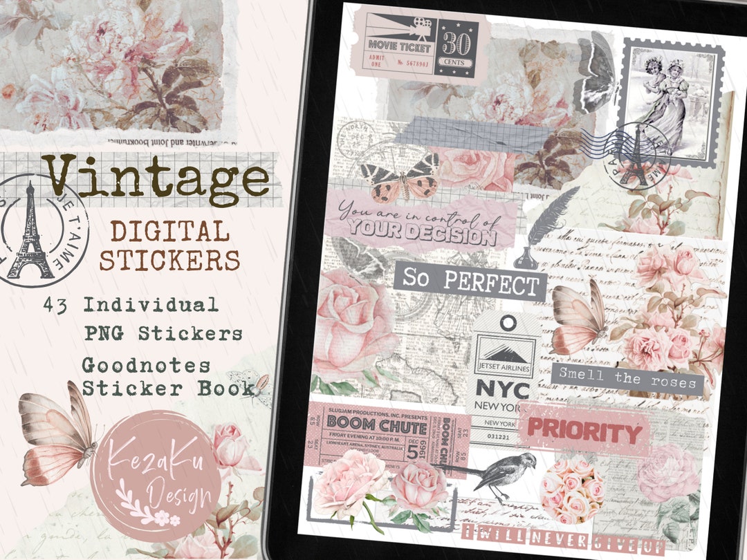 Vintage Digital Stickers, Pink Rose Digital Stickers, Rose Digital ...