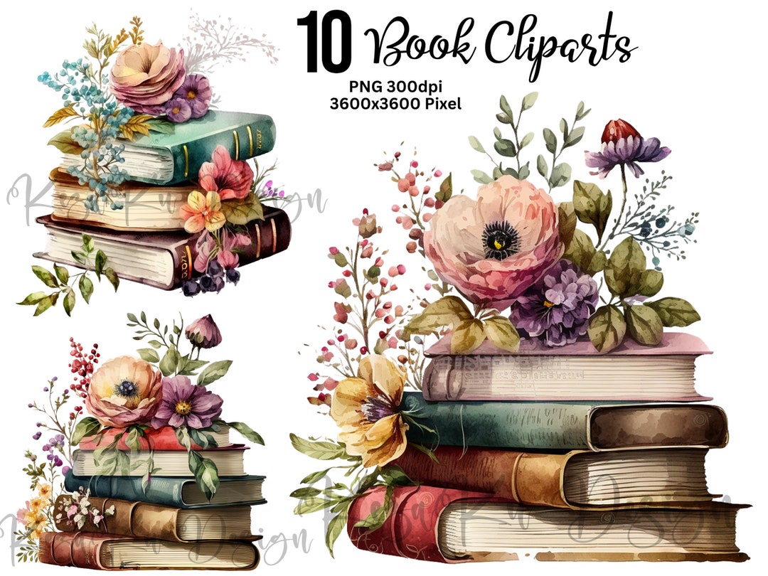 Stack of Books Clipart, 10 High Quality Pngs, Book and Flower Cliparts ...