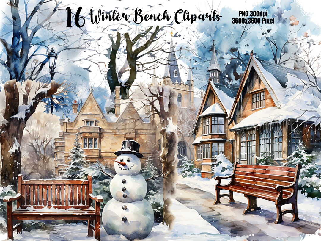 Winter Bench Cliparts, Watercolor Bench PNG, Winter PNG, Pink Winter ...