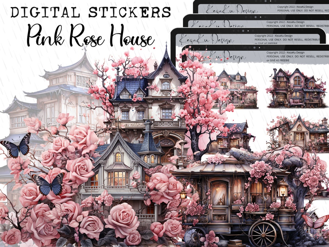 Pink Rose House Digital Stickers, Gothic House Digital Stickers, Pink ...