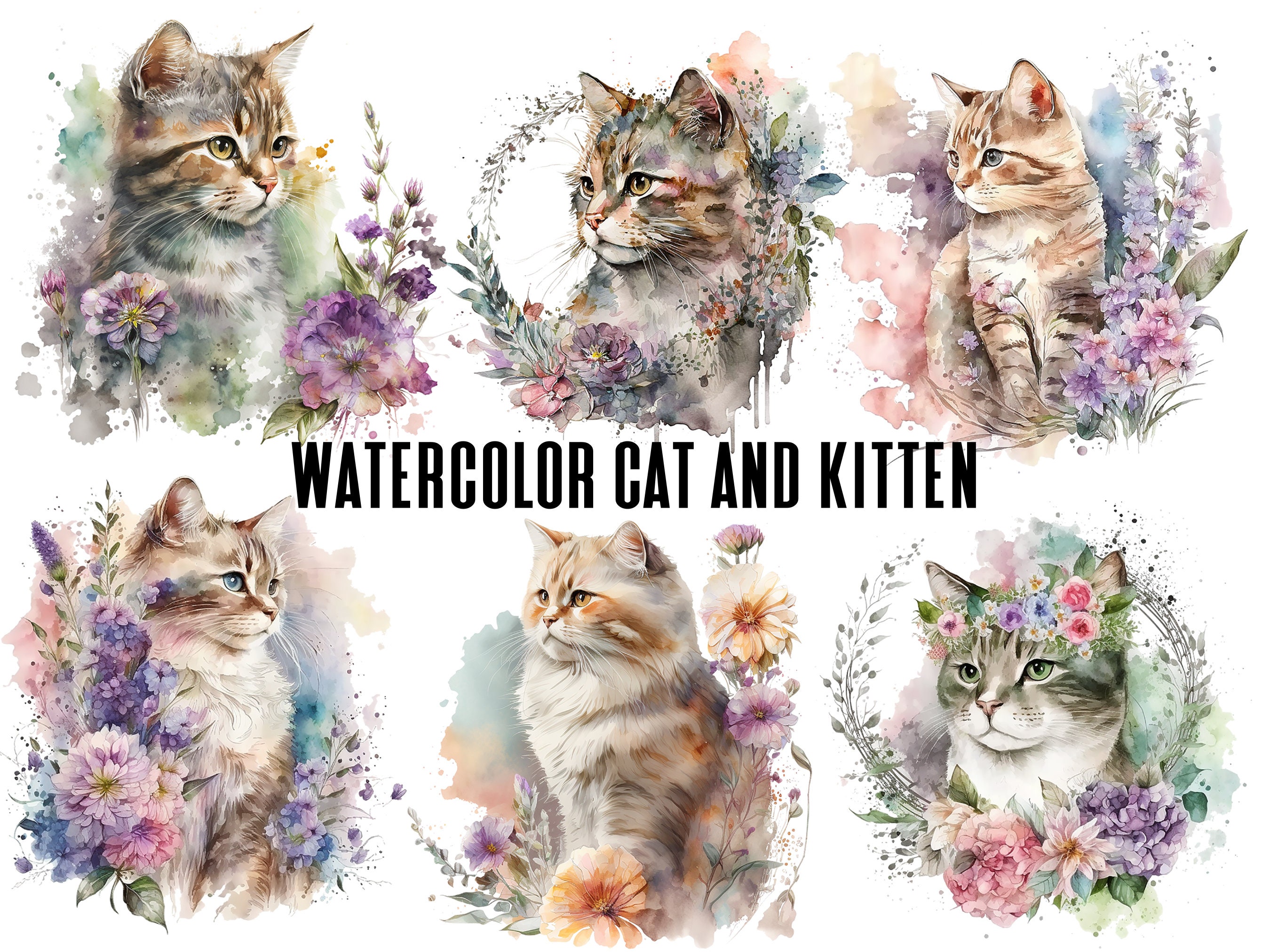 Watercolor Cat Clipart Kitten Clipart Cute Cat PNG - Etsy