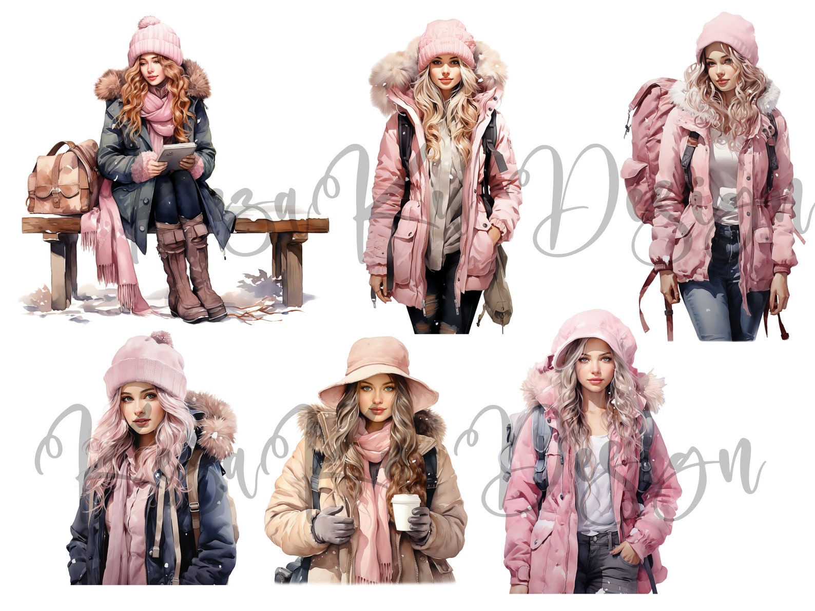 Pink Winter Girls Cliparts - Type 4, Light Skin Winter Girl Cliparts ...