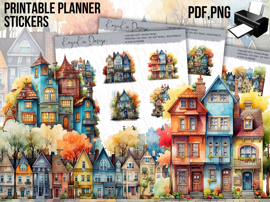 PRINTABLE Watercolor Houses Stickers, Instant Download Printable ...