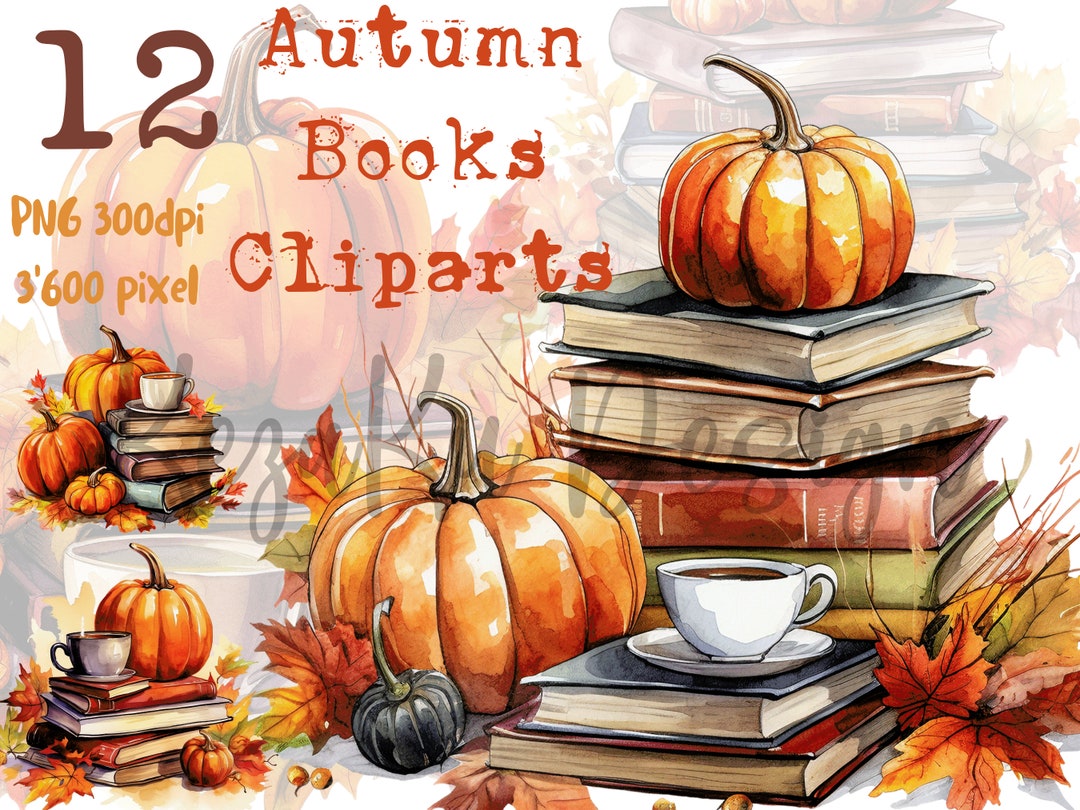 Autumn Books Clipart, 12 Watercolor High Quality Pngs, Autumn Book and ...