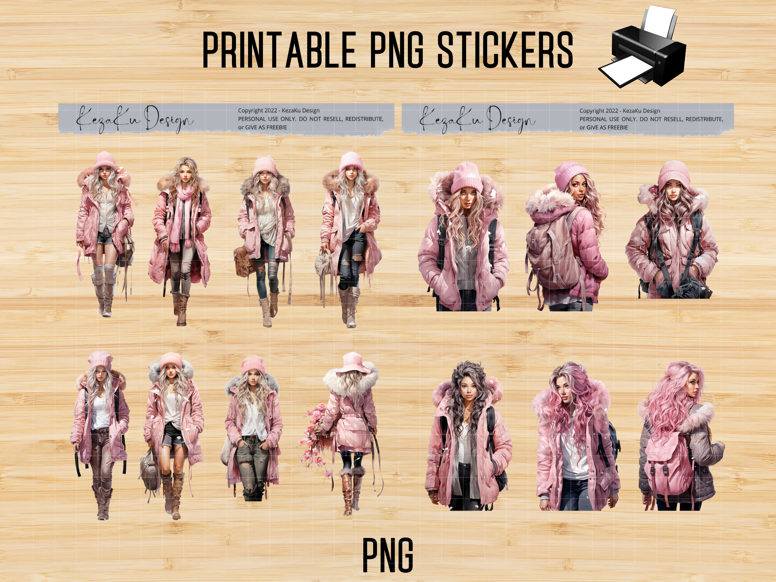 PRINTABLE Pink Winter Girls Stickers 3, Fashion Girl Deco Stickers ...