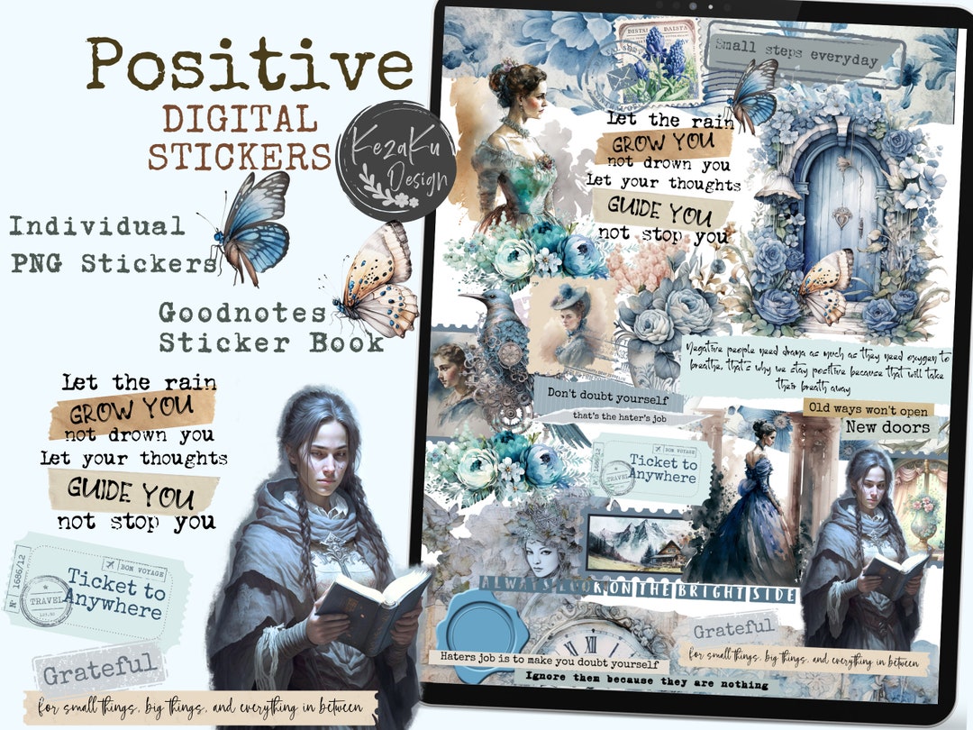 Vintage Digital Stickers, Blue Vintage Digital Sticker, Digital ...
