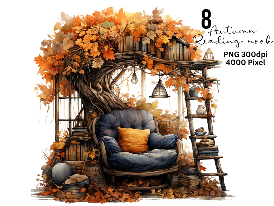 Autumn Reading Nook Cliparts, 8 Watercolor Autumn Cliparts, Reading ...