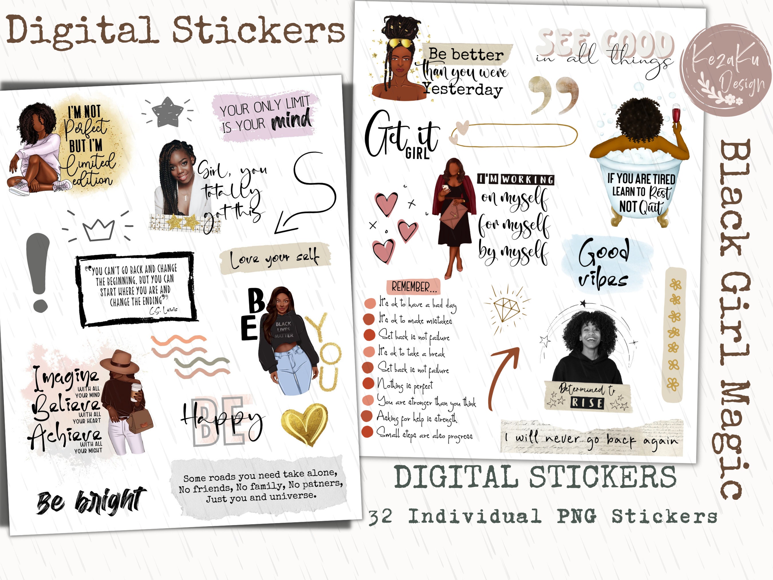 Positive Black Girl Magic Digital Stickers, Afro Girl Digital Stickers ...