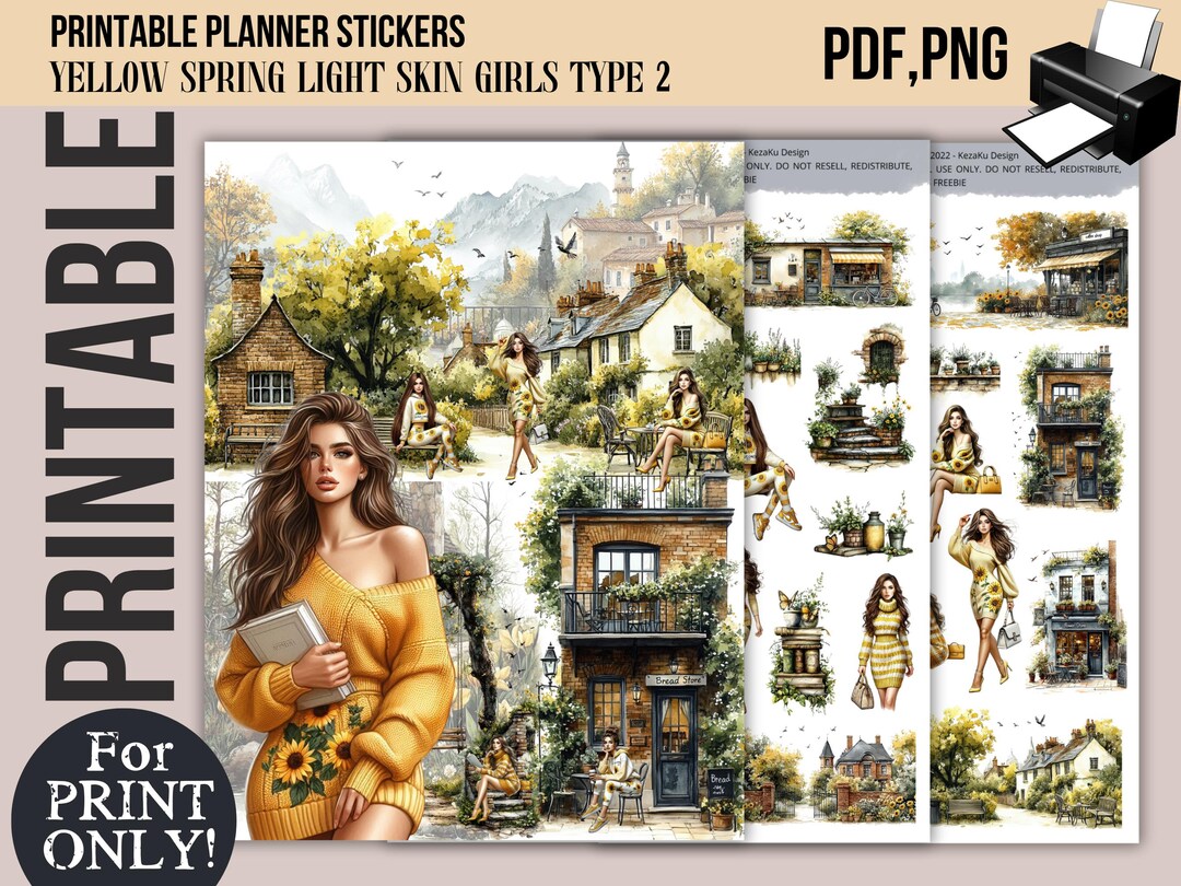 PRINTABLE Yellow Spring Light Girl Stickers T2, Spring Light Girl Printable Stickers, PDF-PNG ...