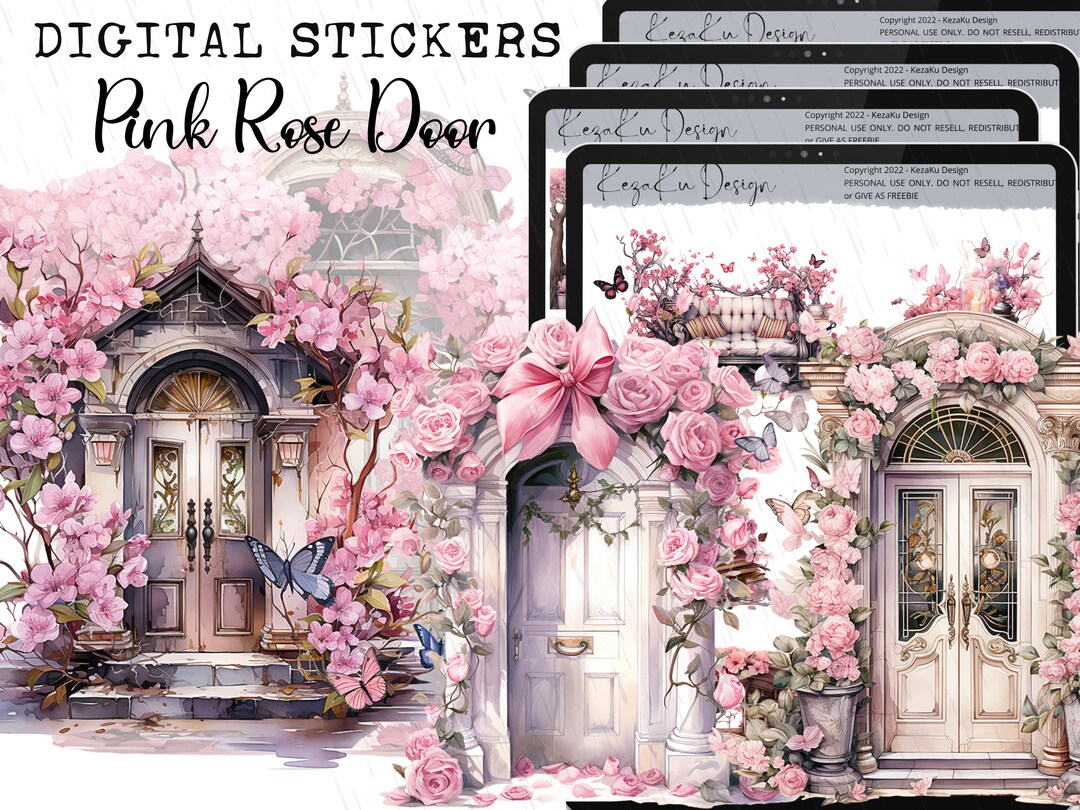 Watercolor Pink Door Digital Stickers, Pink Rose Goodnotes, Floral ...