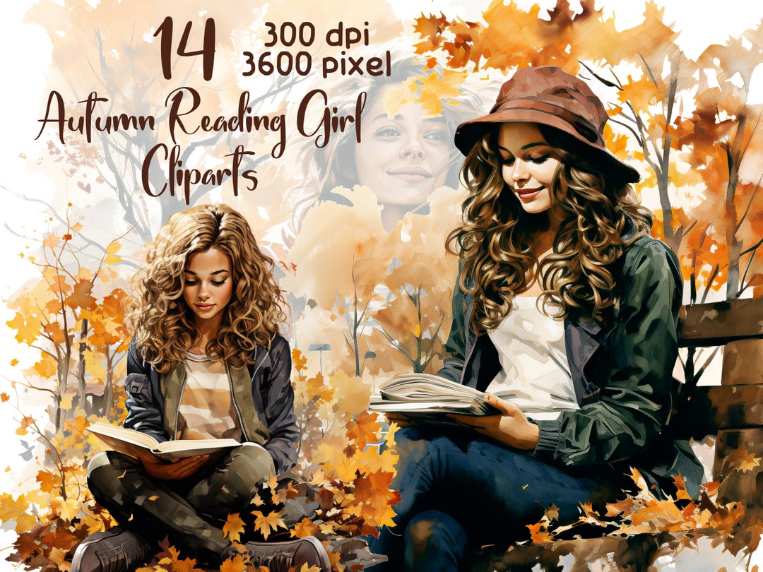 Autumn Reading Girl Cliparts, 14 Watercolor Autumn Reading Girls ...