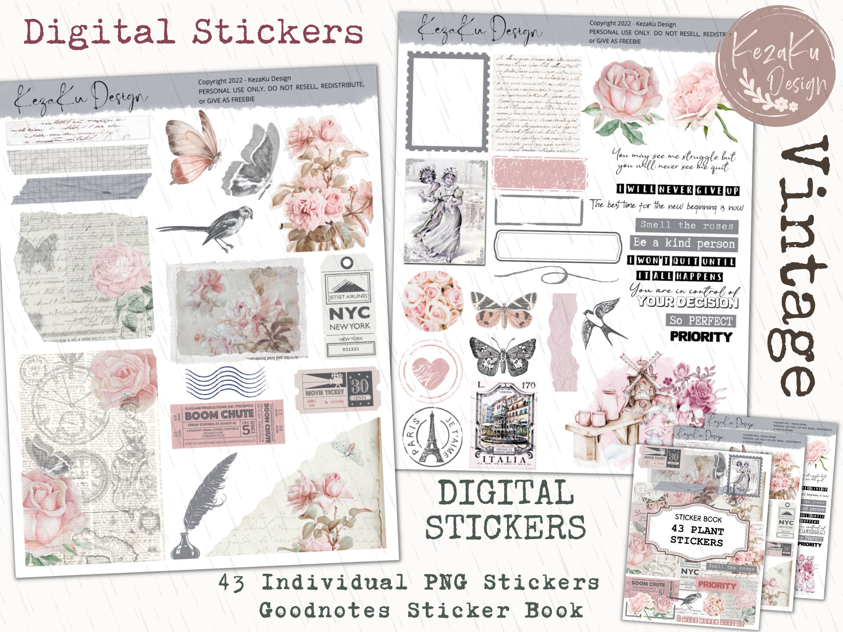 Vintage Digital Stickers Pink Rose Digital Stickers Rose - Etsy