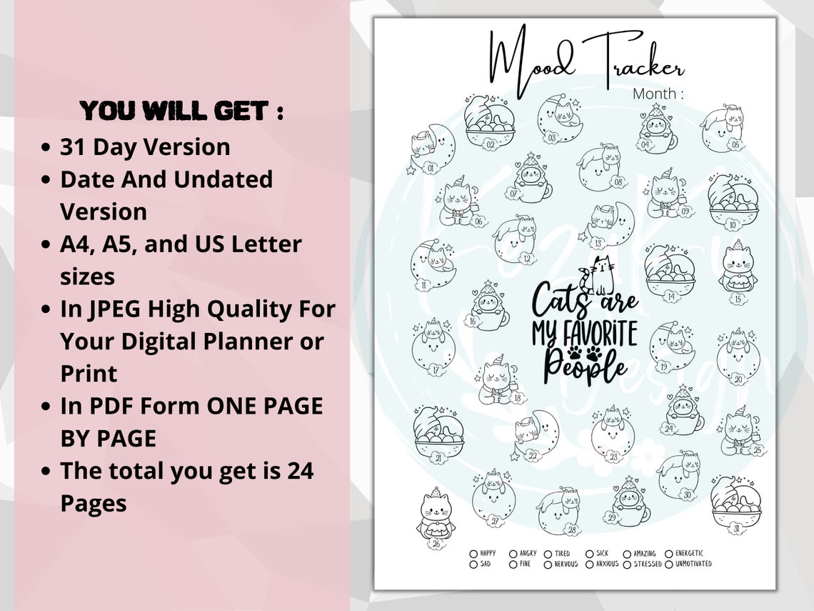 Cat Mood Tracker Digital Mood Tracker Mood Tracker Insert | Etsy