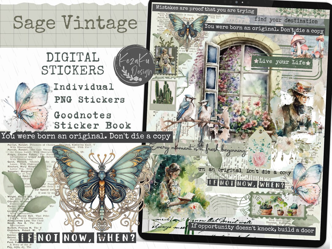 Vintage Digital Stickers, Green Sage Digital Stickers, Summer Digital ...