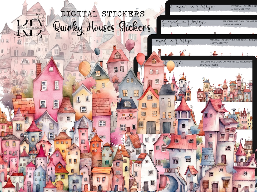 Quirky Houses Digital Stickers, Colorful Houses Digital Stickers ...