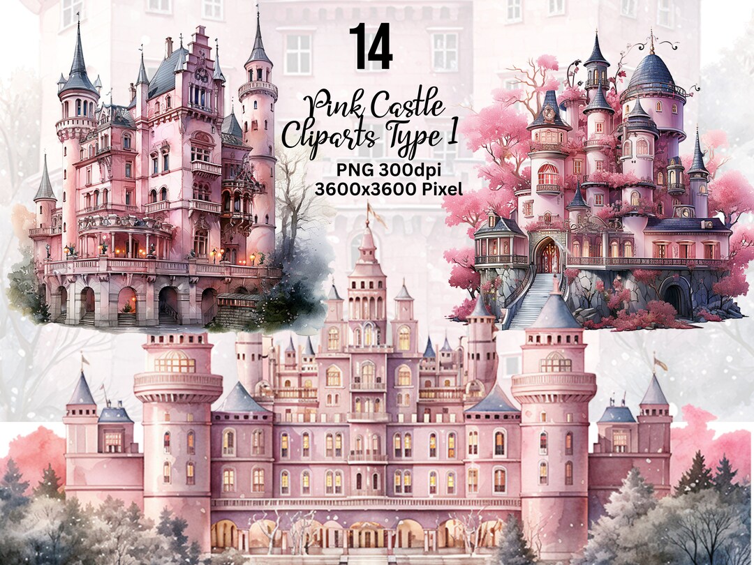 Pink Castle Cliparts Type 1, Watercolor Castle Cliparts, Castle PNG ...