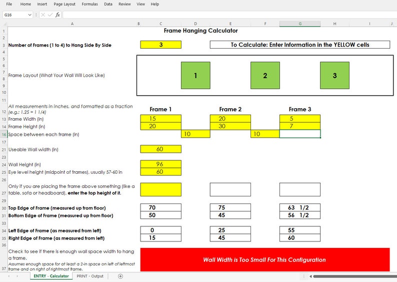 Picture Frame Hanging Calculator Spreadsheet Tool - Etsy