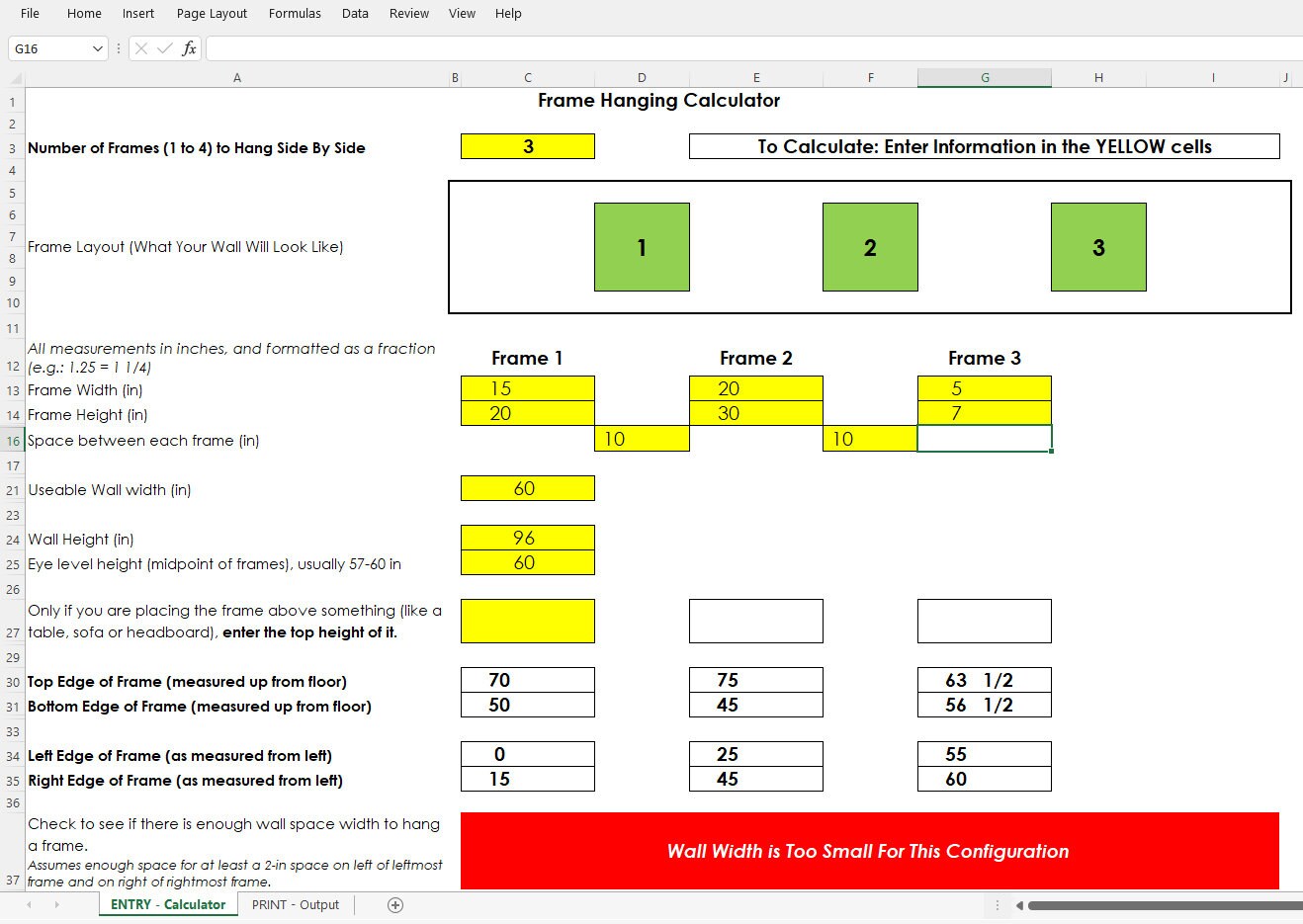 Picture Frame Hanging Calculator Spreadsheet Tool - Etsy