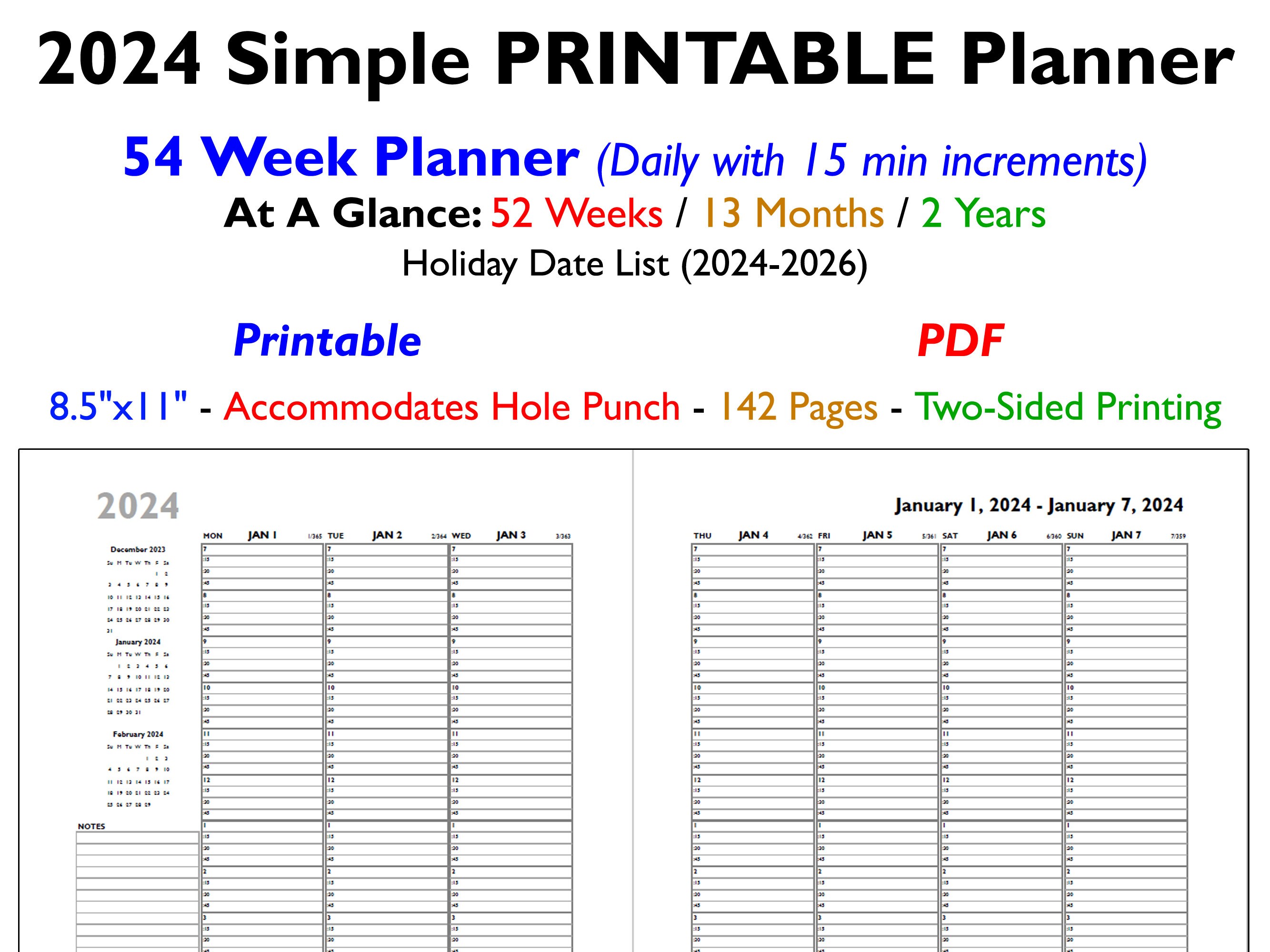 2024 Planner Printable, 2024 Weekly Planner, Monthly Planner, Monthly ...