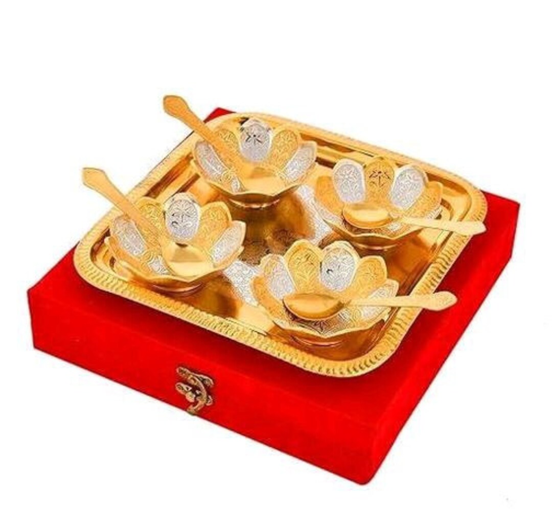 Bowls With Tray Golden Polish Bowl Set Spoon Set Party Favor Dry Fruit ...