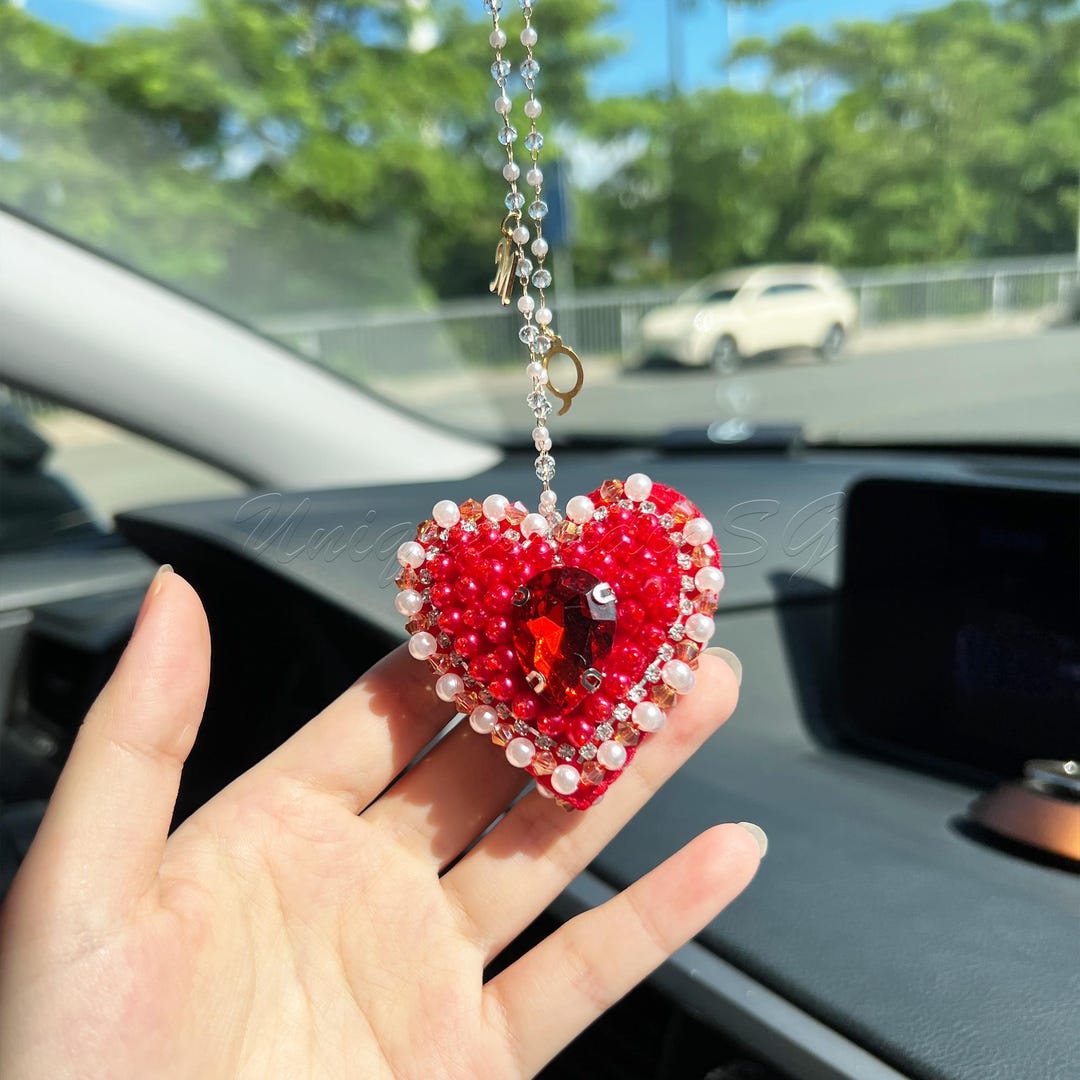 Red Heart Car Hanger, Crystal Car Hanger, Beads Gemstone Car Charm ...