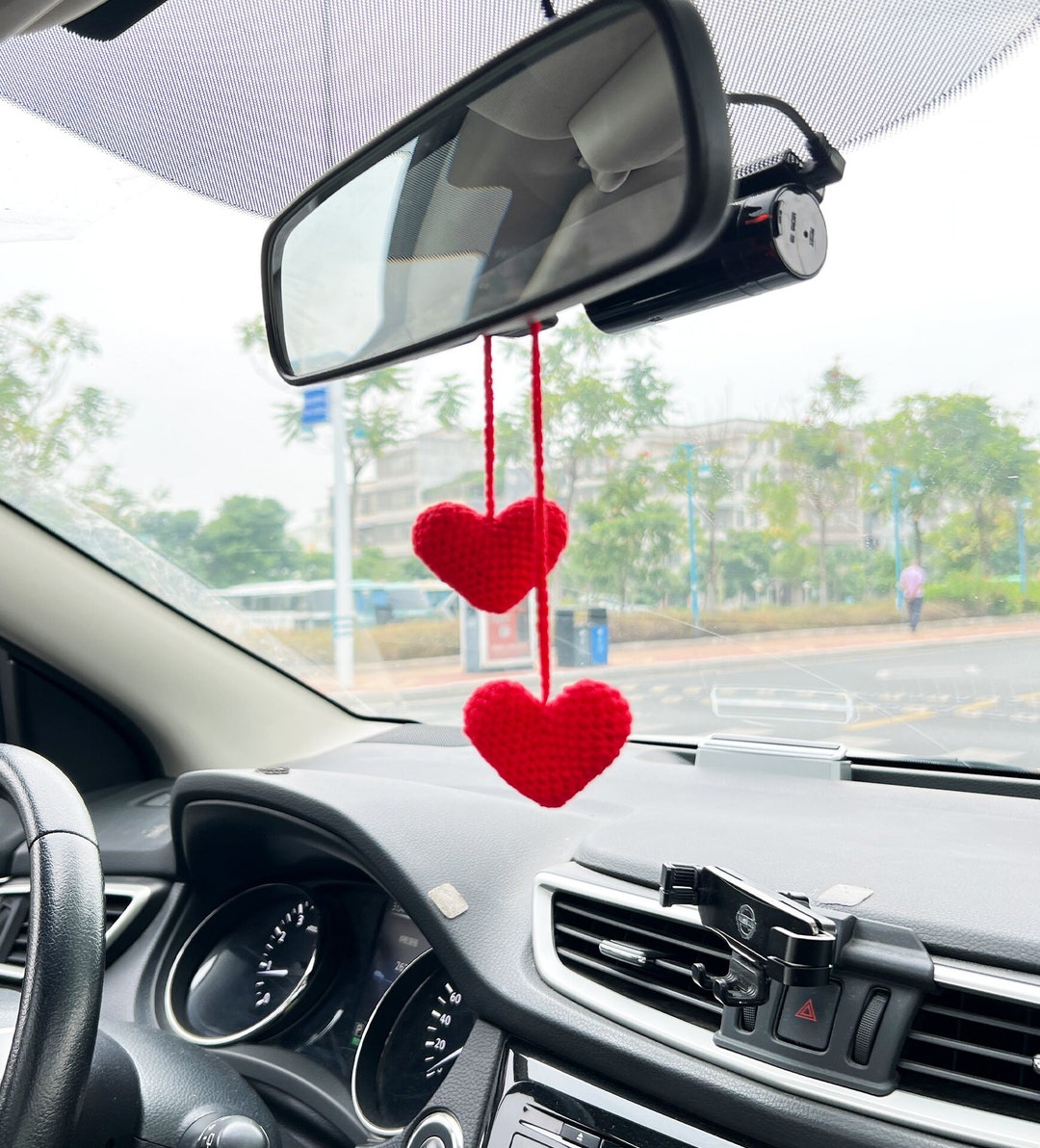 Heart Car Rear View Mirror Accessory, Crochet Red Heart Car Hanging ...