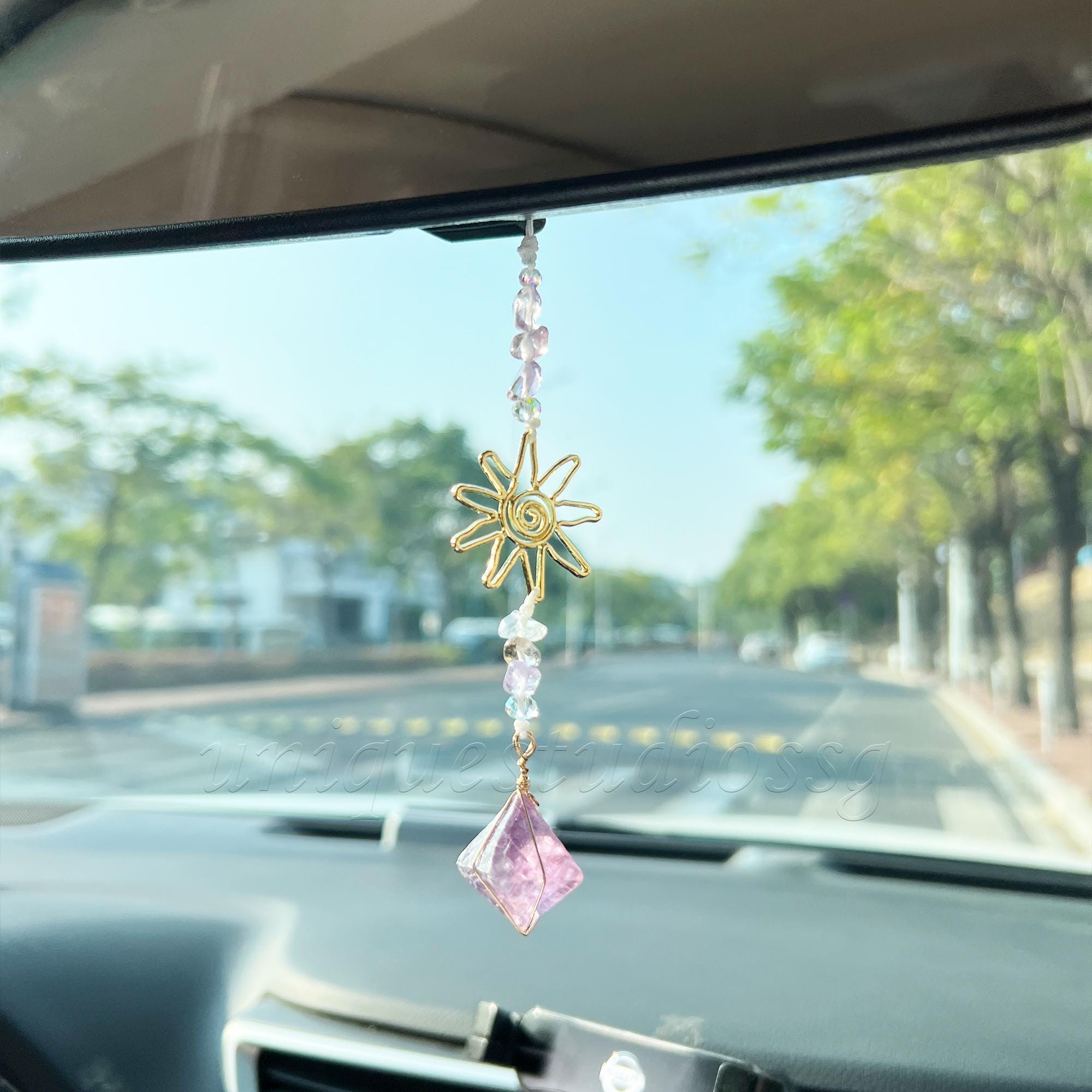 Sun Amethyst Crystal Car Charm, Rear View Mirror Pendant - Etsy