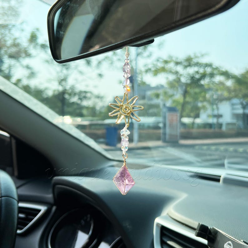 Sun Amethyst Crystal Car Charm, Rear View Mirror Pendant - Etsy
