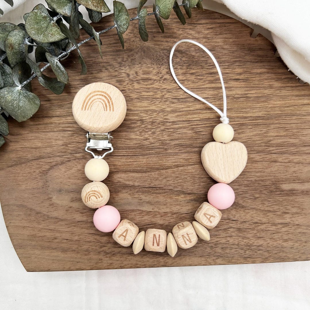 Pacifier Chain With Name, Heart Silicone Rainbow Pacifier Clip, Gift ...