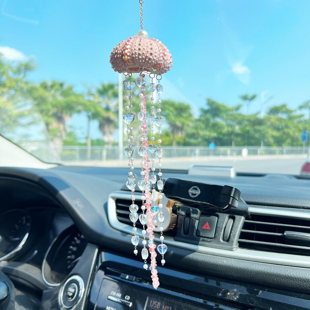 Sea Urchin Jellyfish Car Charm: Pink Crystal & Pearl Coastal Ornament ...