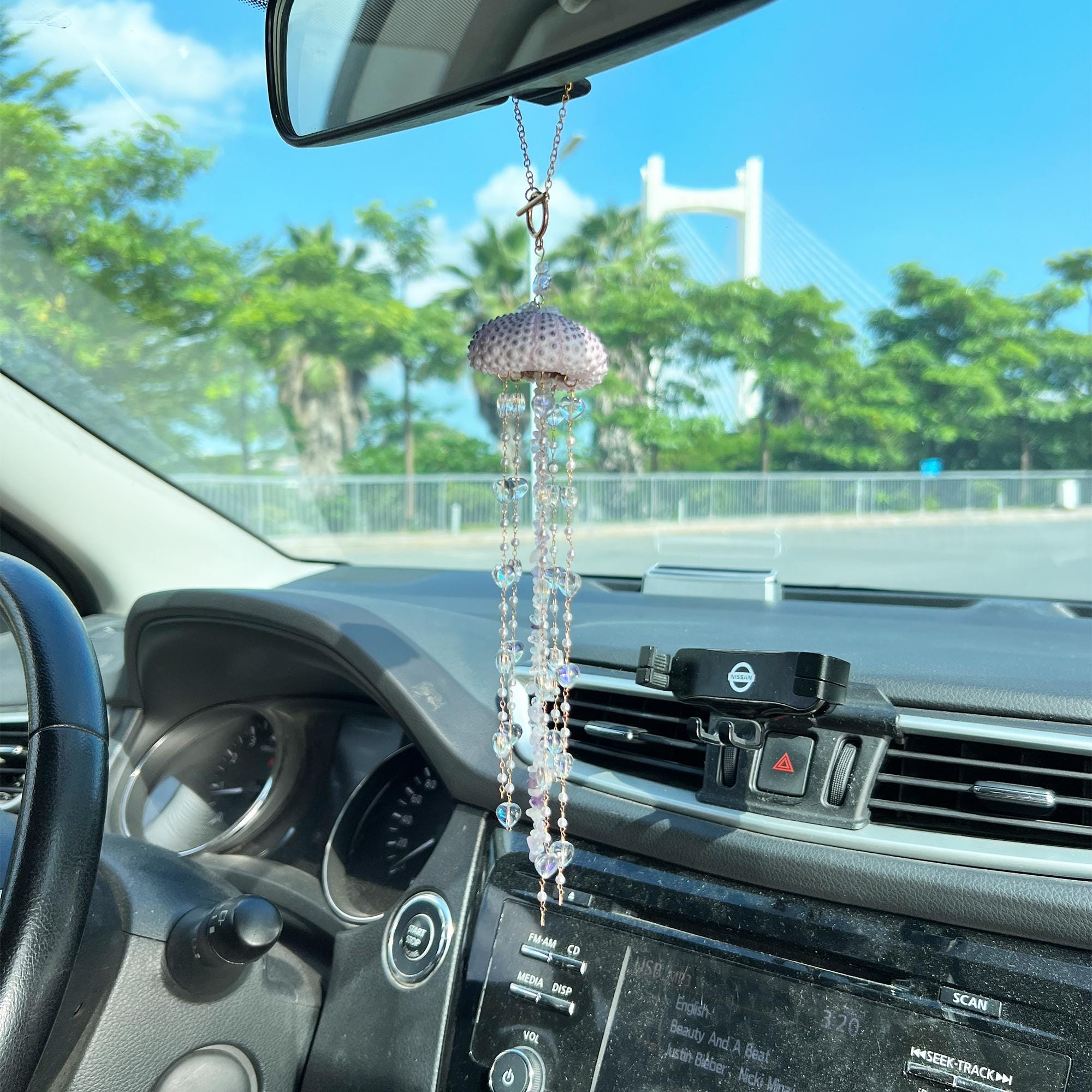 Sea Urchin Jellyfish Car Charm: Pink Crystal & Pearl Coastal Ornament ...