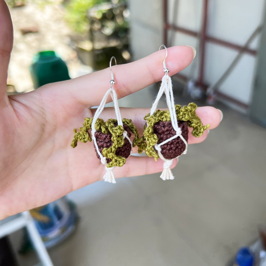 Crochet Plants Earrings, Crochet Mini Potted Plant Earrings, Handmade ...
