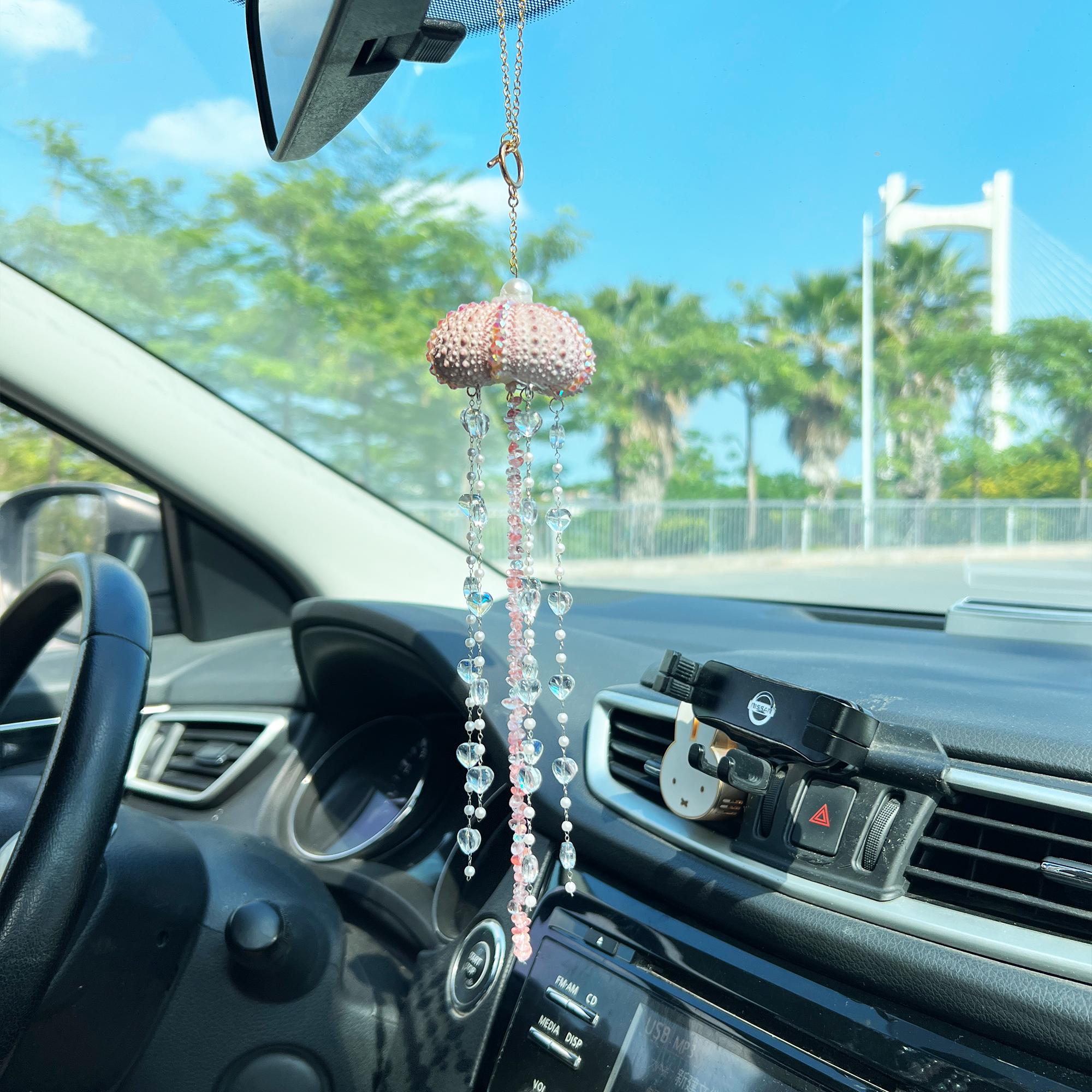 Sea Urchin Jellyfish Car Charm: Pink Crystal & Pearl Coastal Ornament ...