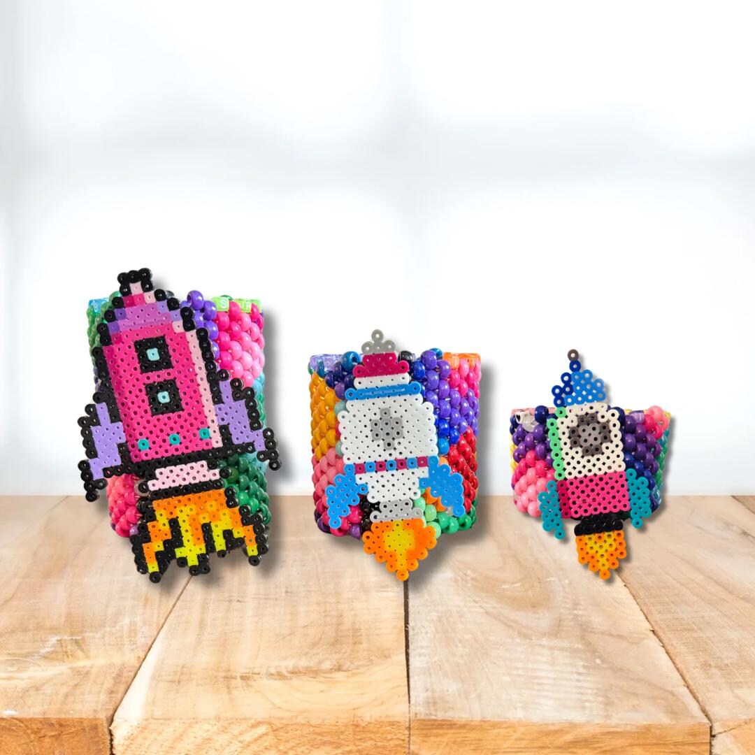 Rocket Ship Perler Bead Cuffs – Colorful Handmade Space-themed Kandi ...