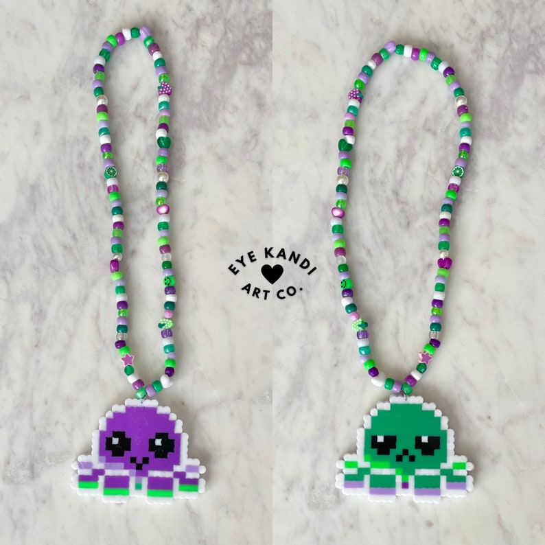 Octopus Reversible Kandi Necklace Perler Charm Necklace Unique Handmade ...