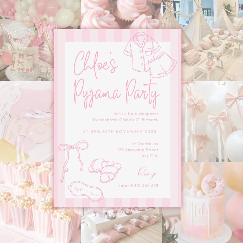 Pink Pyjama Party Invitation: Girls Sleepover, Editable Template ...