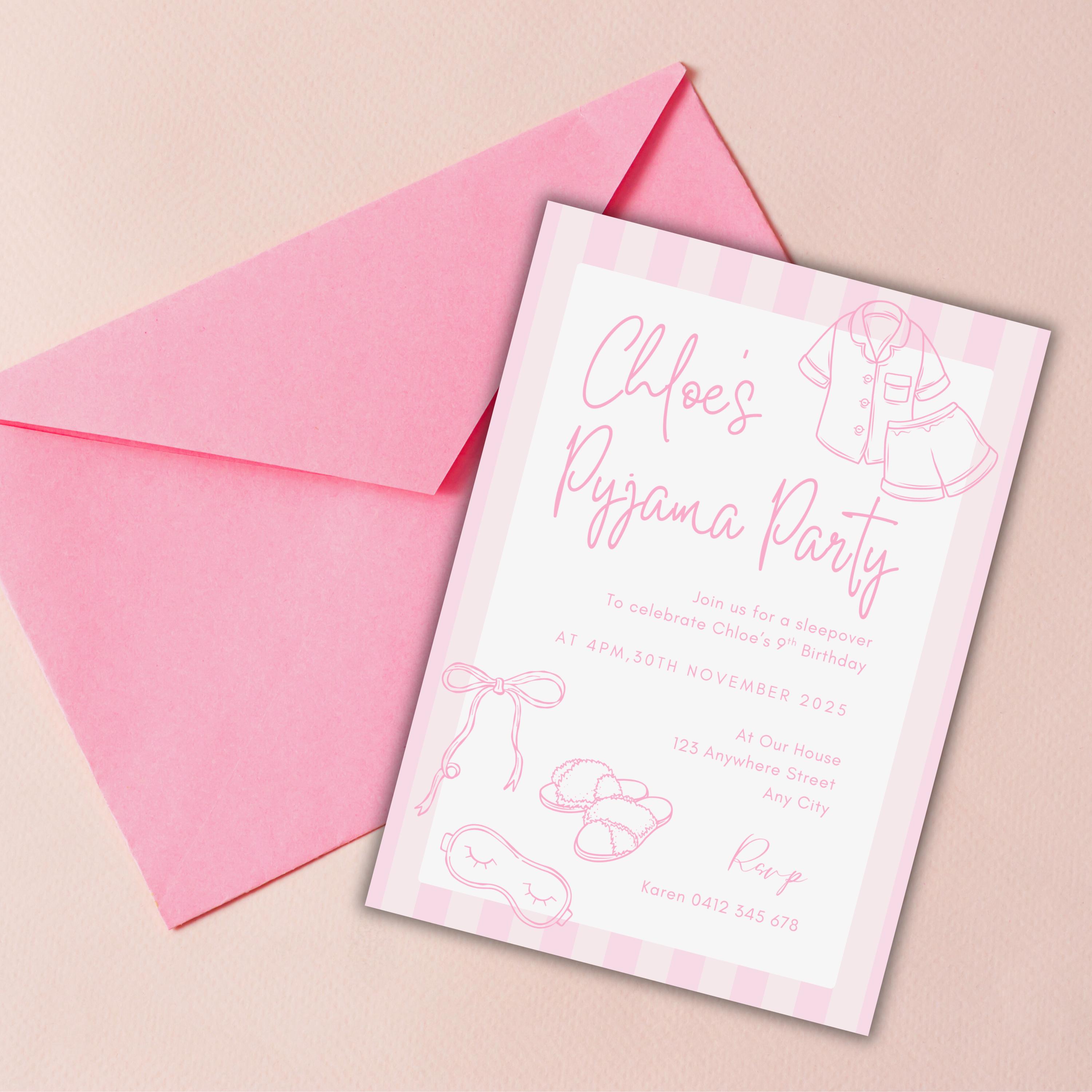 Pink Pyjama Party Invitation: Girls Sleepover, Editable Template ...