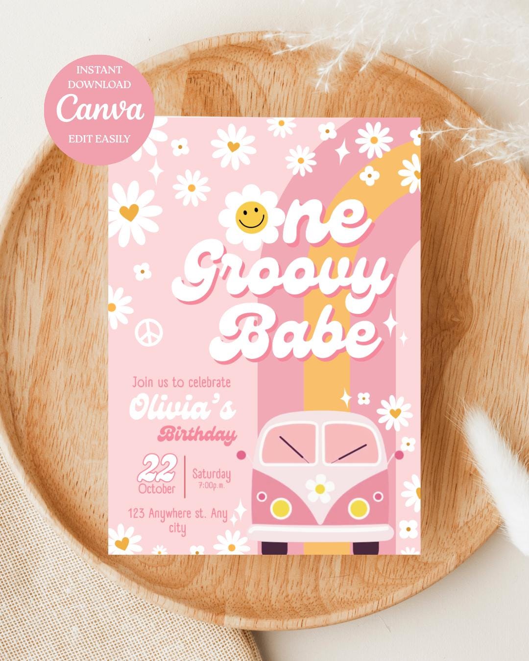 Editable Groovy One Birthday Invitation Daisy Rainbow Groovy 1st ...