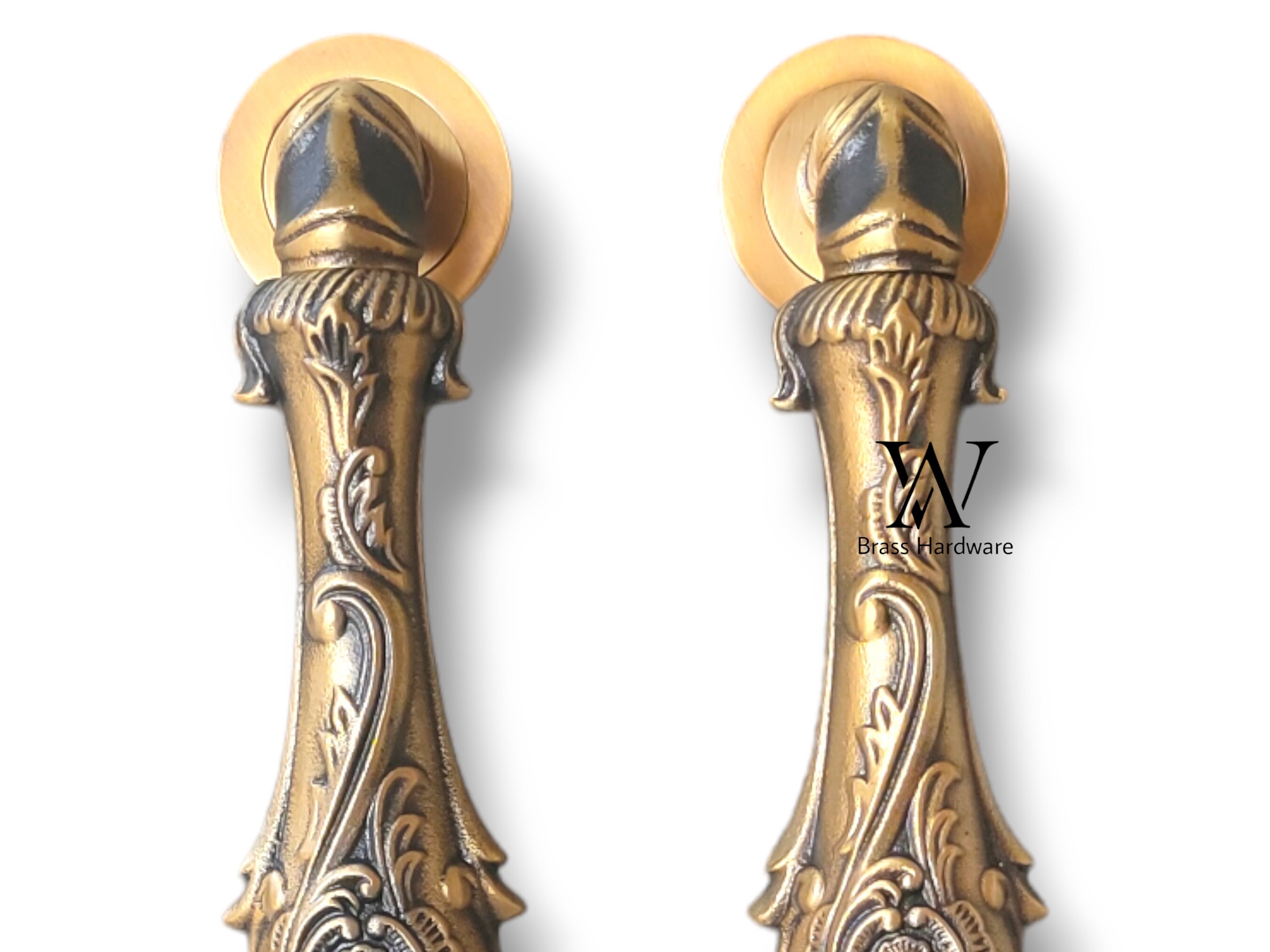 2 Pcs Antique Brass House Door Handle Motif Carved Telephone 13.7 Inch ...
