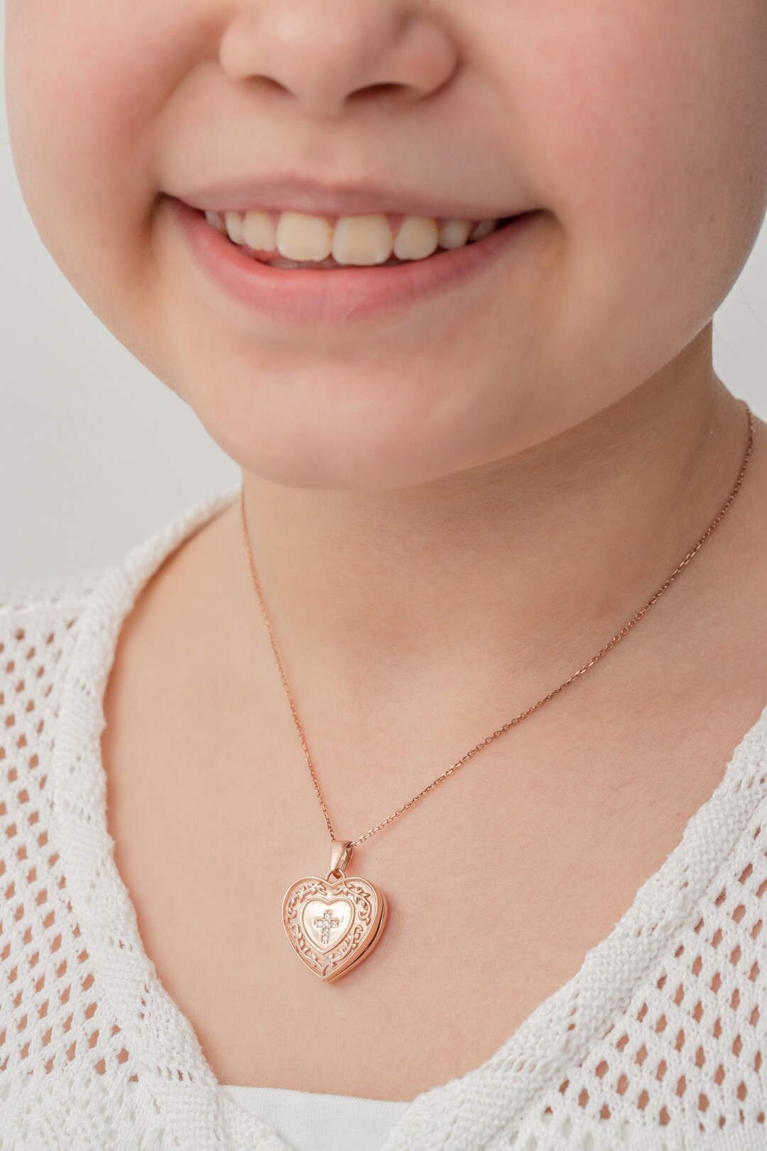 Baby Silver Cross Necklace on Heart Locket • Kids Dainty Cross Necklace ...