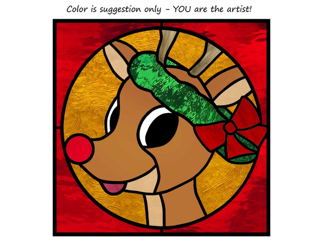 Rudolph Stained Glass Pattern: Christmas Reindeer Mosaic, Quilting ...
