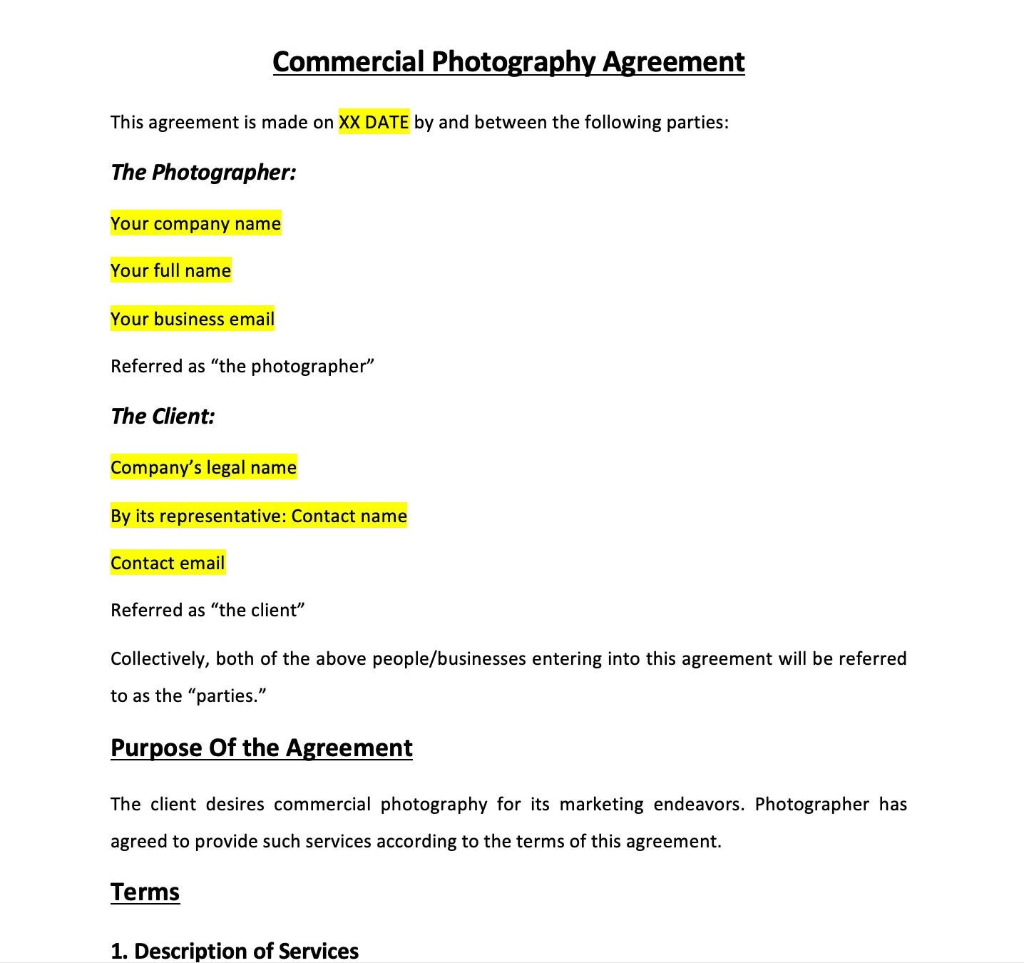 Commercial Food Photography Contract Template - With Recipe Development ...