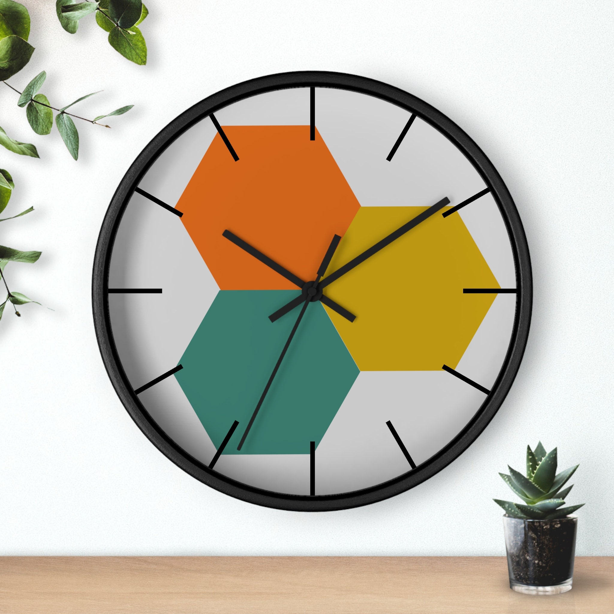 Colorful Retro Hexagon Designs Wall Clock, Orange/teal/yellow, Wall ...