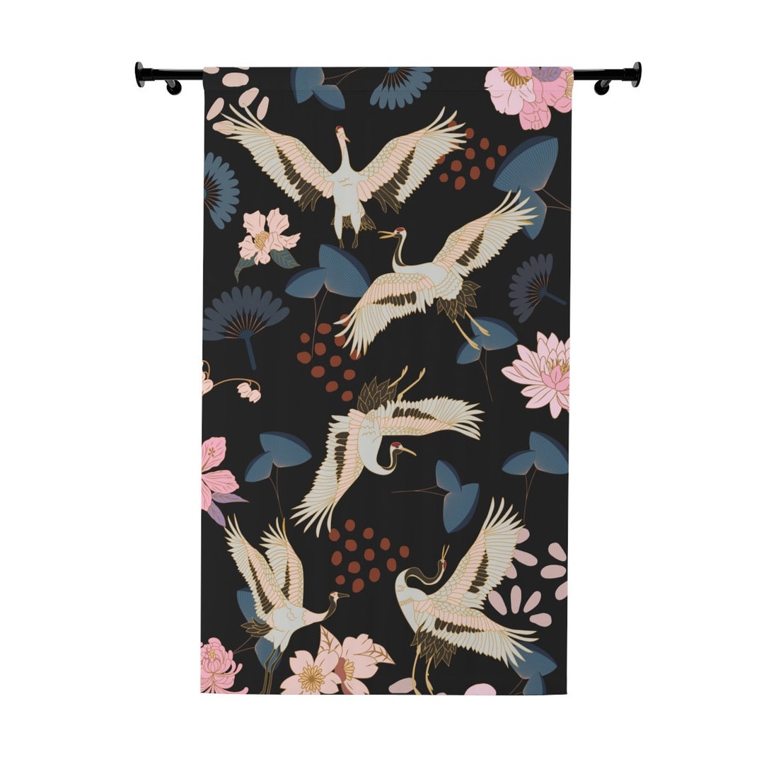 Playful Cranes on Floral and Black Background (A) Window Curtains (1 ...