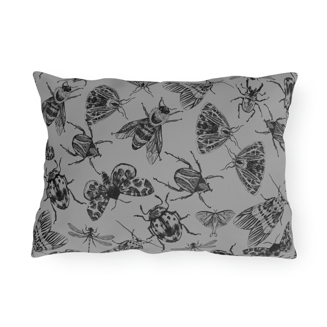 Bugged Out, Black Vintage Bug Drawings on Gray Pillow, Gray /green, Lumbar Outdoor Pillow ...