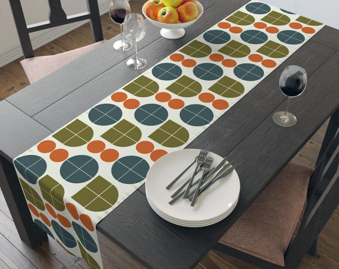 Retro Table Runner,1960s Inspired Table Runner, Geometric Shapes, Blue ...