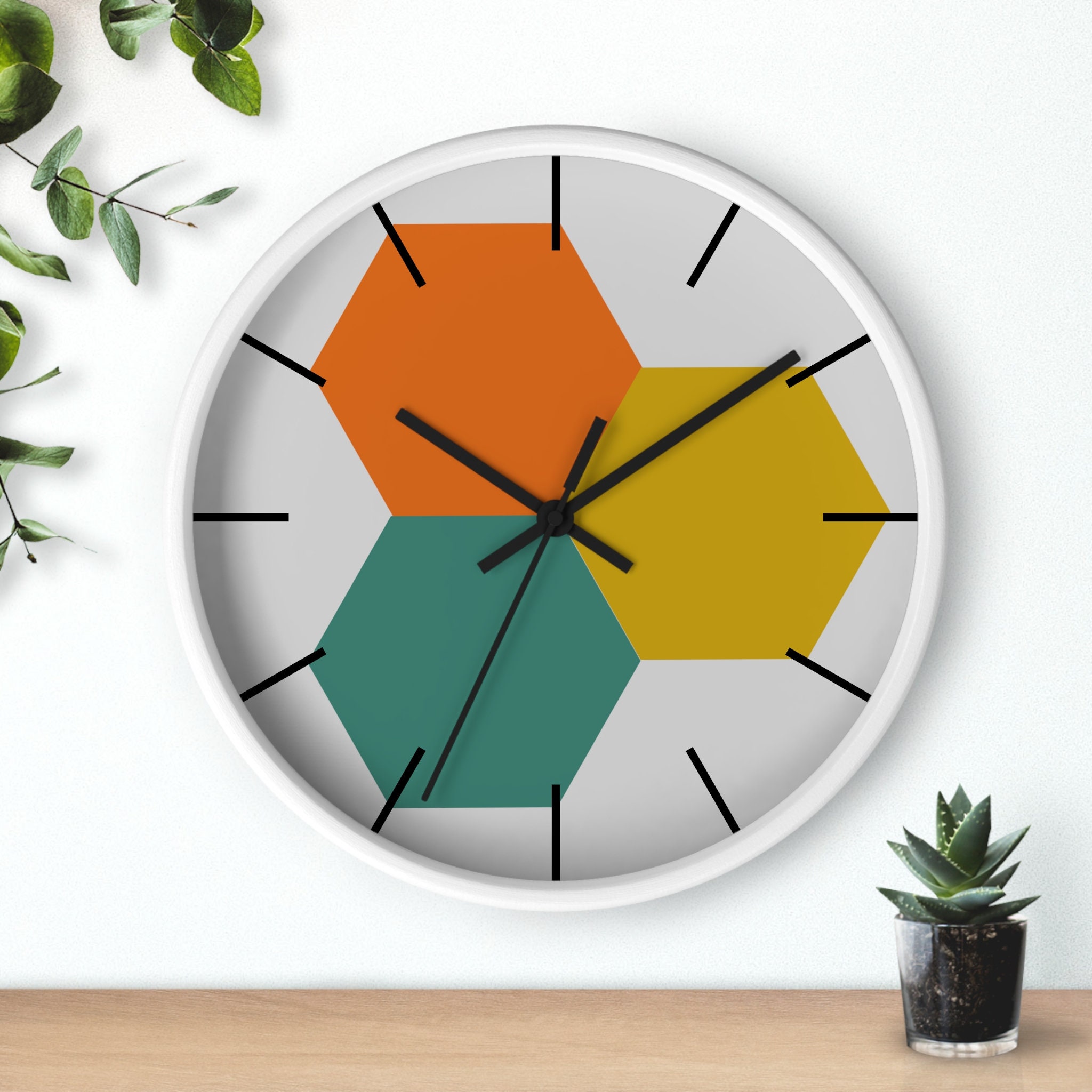 Colorful Retro Hexagon Designs Wall Clock, Orange/teal/yellow, Wall ...