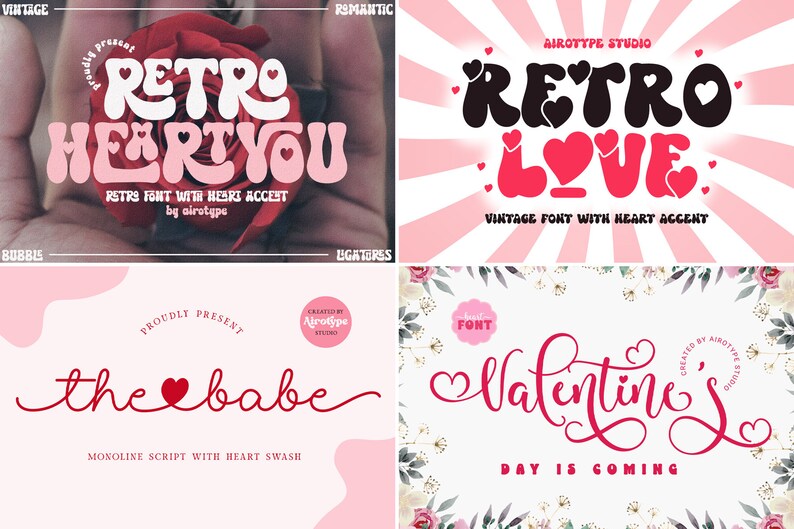 Heart Font Bundle, Valentines Font, Heart Font, Retro Font, Vintage ...