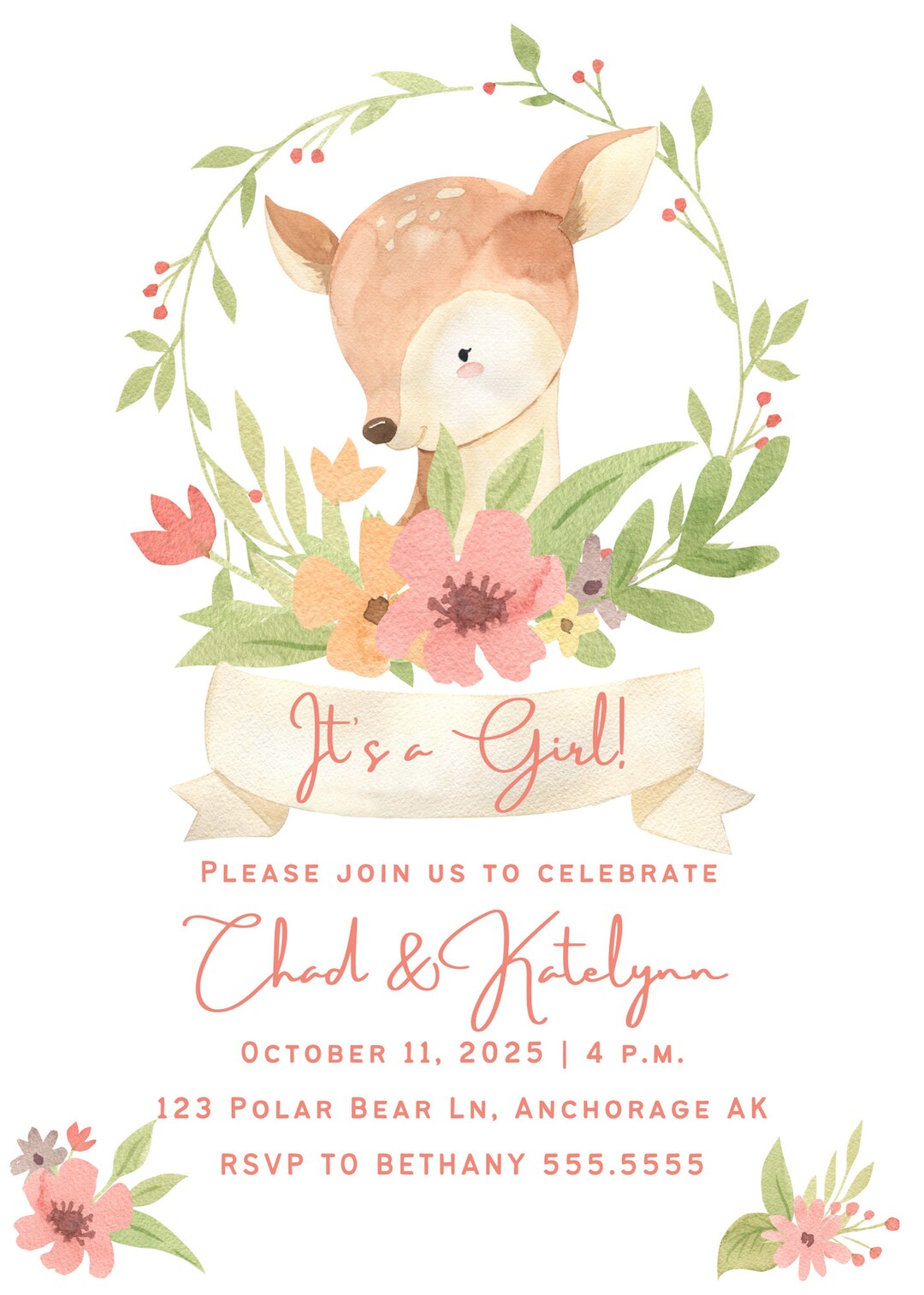 Woodland Doe Girl Baby Shower Invitation - Personalized Printable - Etsy